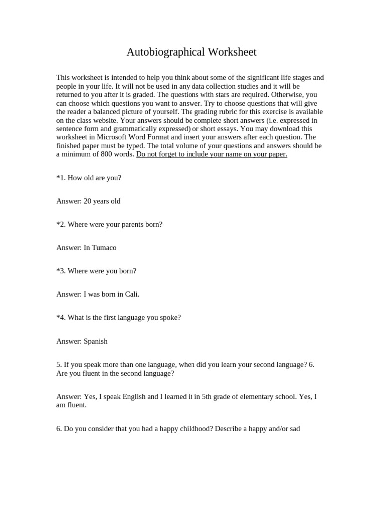 Autobiographical Worksheet | PDF