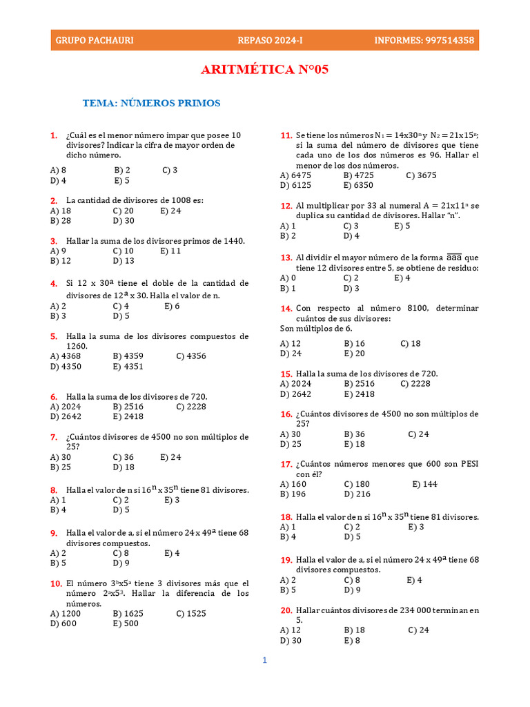 Aritmética N°05-Números Primos-Repaso 2024-I | PDF