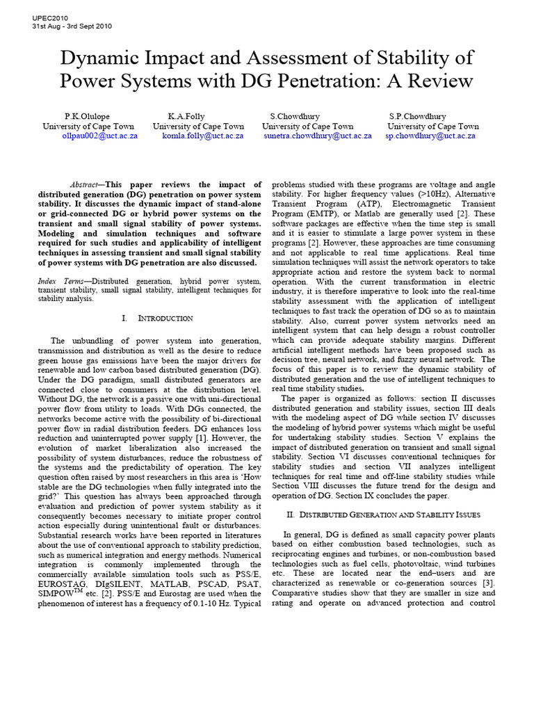 Dyn Impact and Assessment of Pss With DG | PDF