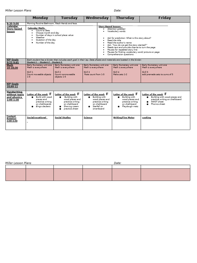 Monday Tuesday Wednesday Thursday Friday: Miller Lesson Plans Date | PDF