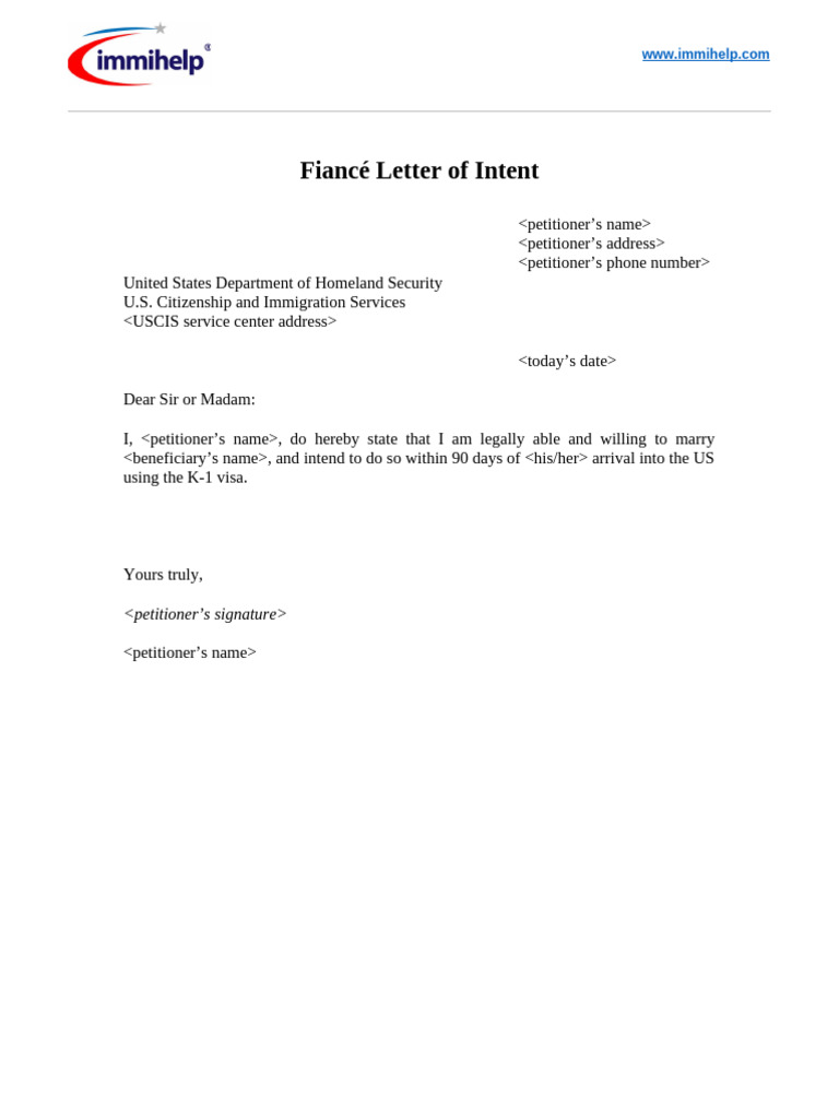 Us Fiance Visa Letter of Intent by Petitioner | PDF