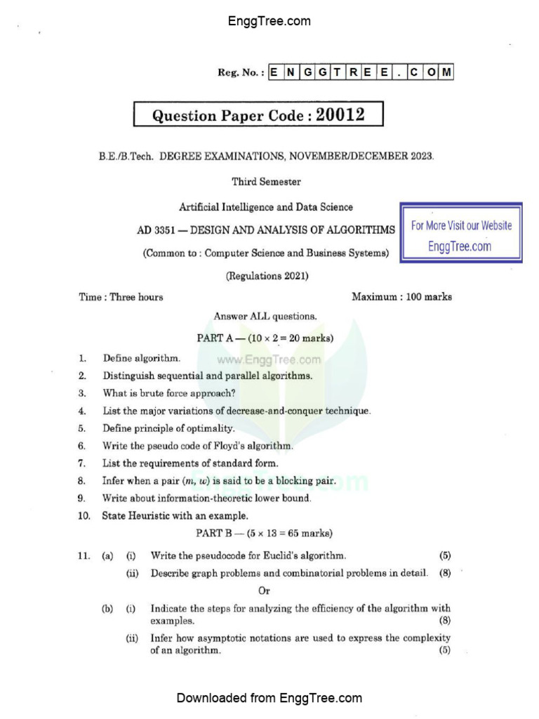 AD3351 Design and Analysis of Algorithms Nov Dec 2023 Question Paper Download | PDF