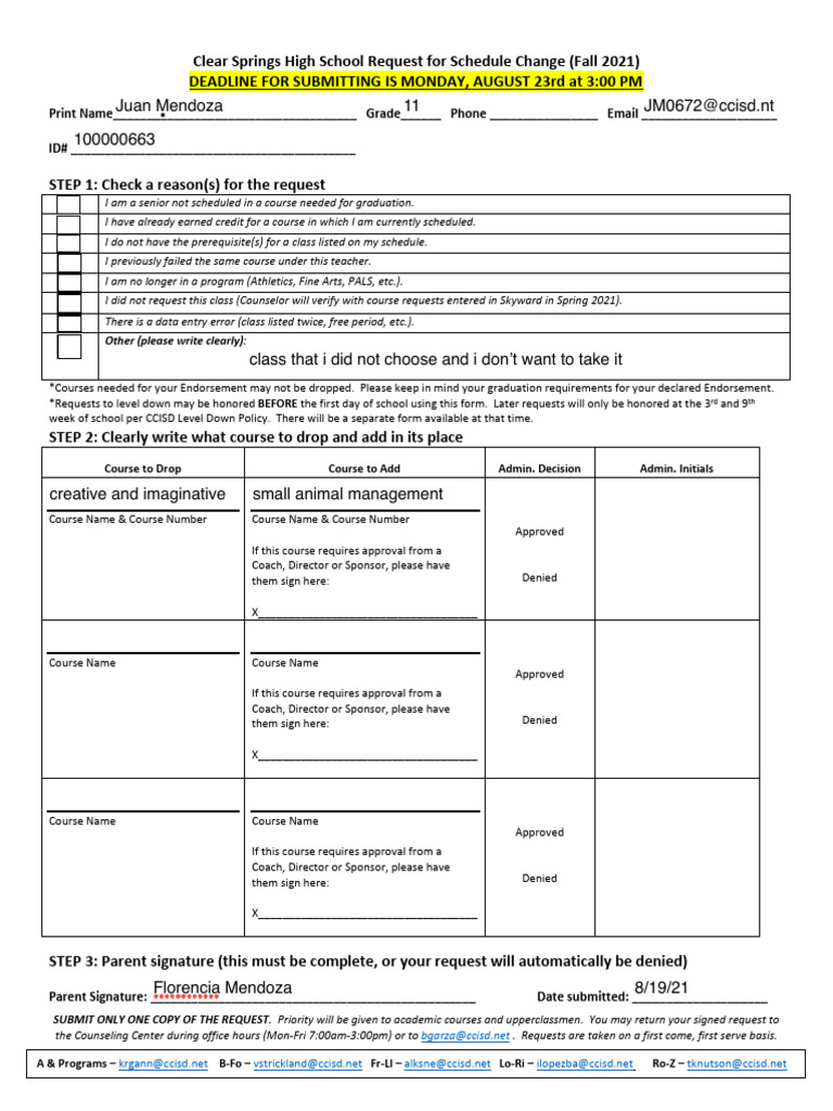 21-22 Request For Schedule Change Form (FILLABLE) | PDF | Career & Growth
