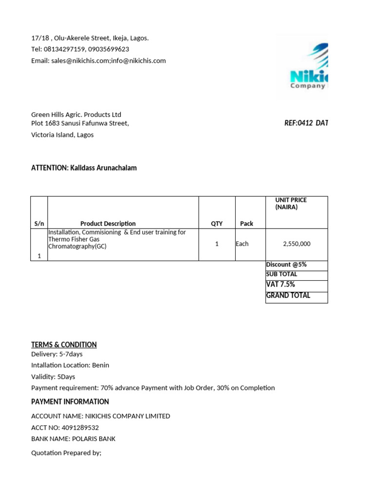 INSTALLATION COMMISIONING QUOTATION REF-0512 GH | PDF