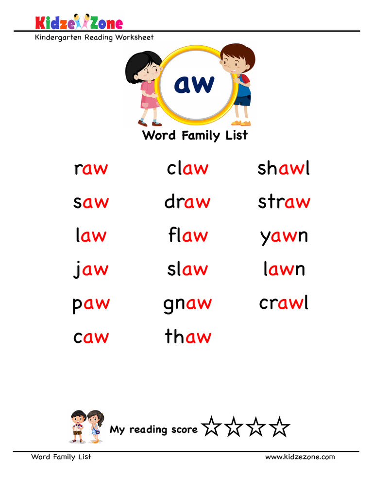 Kindergarten Aw Word Family Words List | PDF