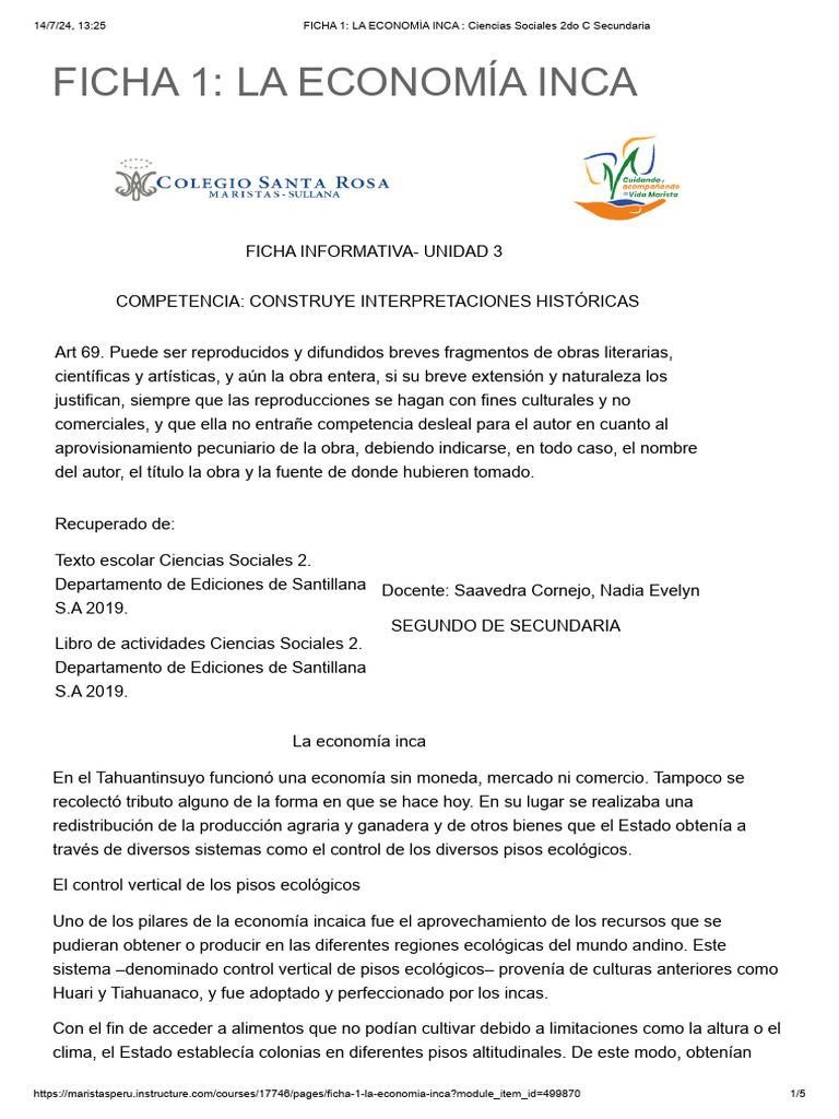 FICHA 1 - LA ECONOMÍA INCA - Ciencias Sociales 2do C Secundaria | PDF