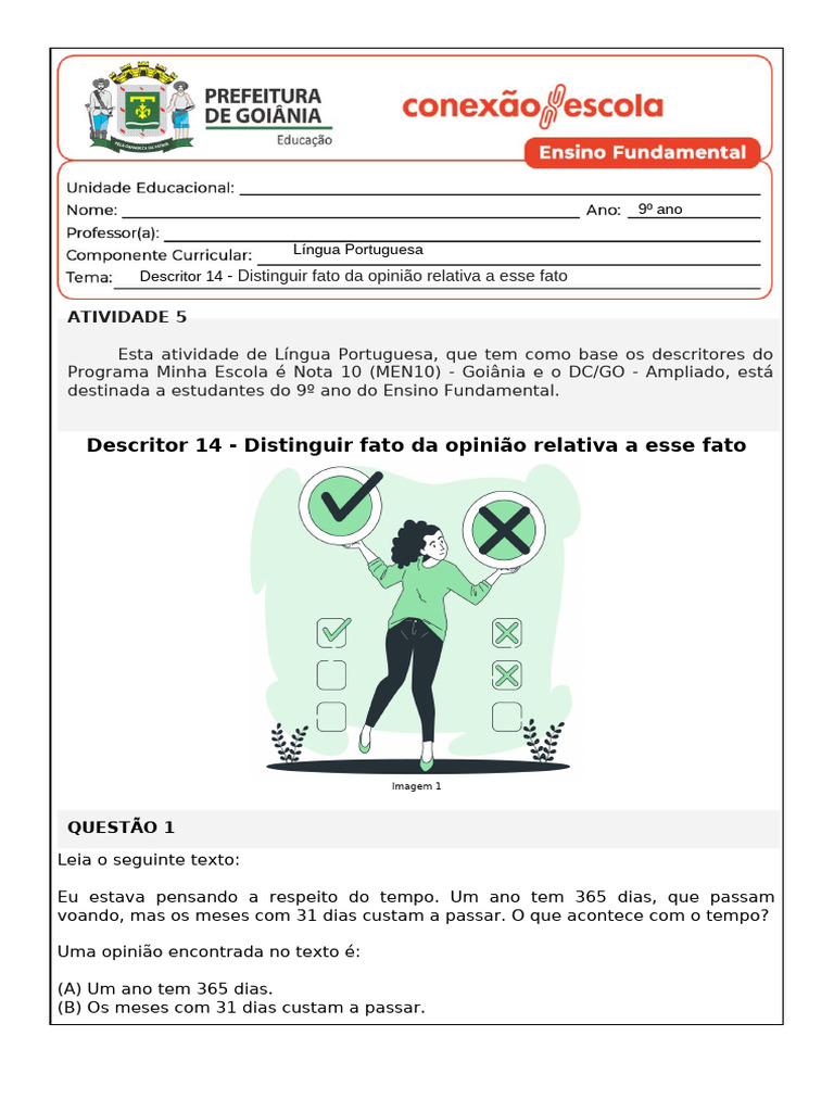 Atividade 5 - Descritor 14 - Distinguir Fato de Opiniã o Relativa A ...