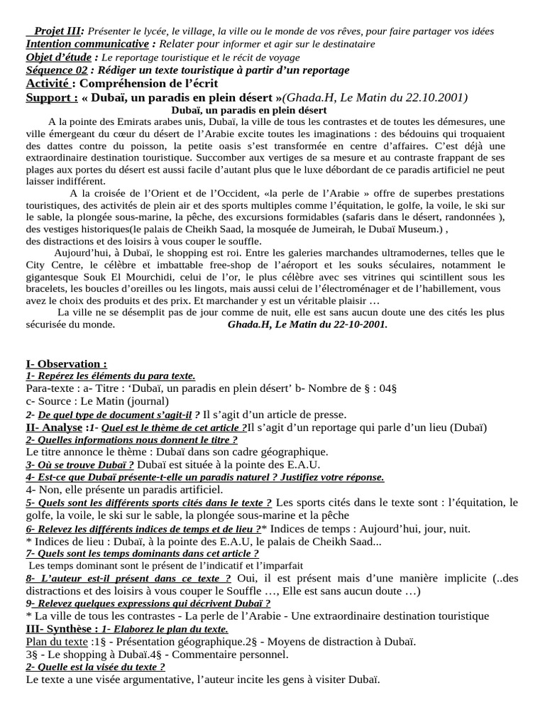 Projet III Seq 2 Comprehention | PDF