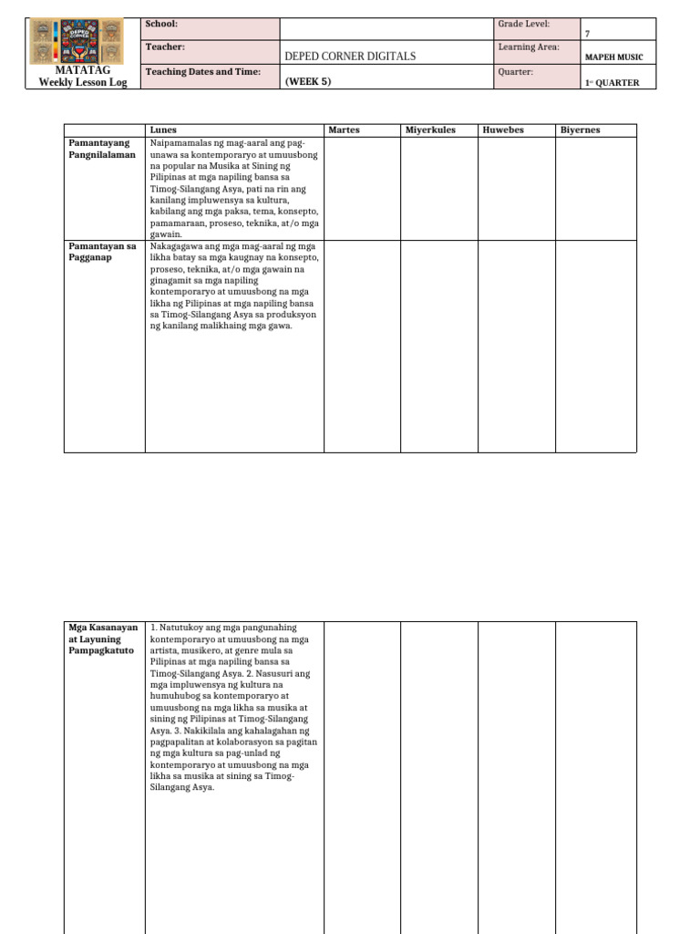 Dll-Week 5-Grade7-Mapeh - Deped Corner Digitals | PDF