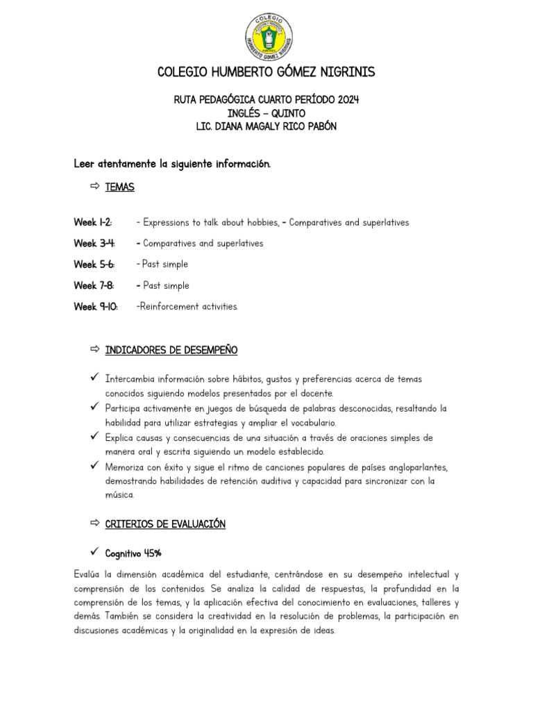 Ruta Pedag-Gica Cuarto Per-Odo Ingl-S 2024 | PDF