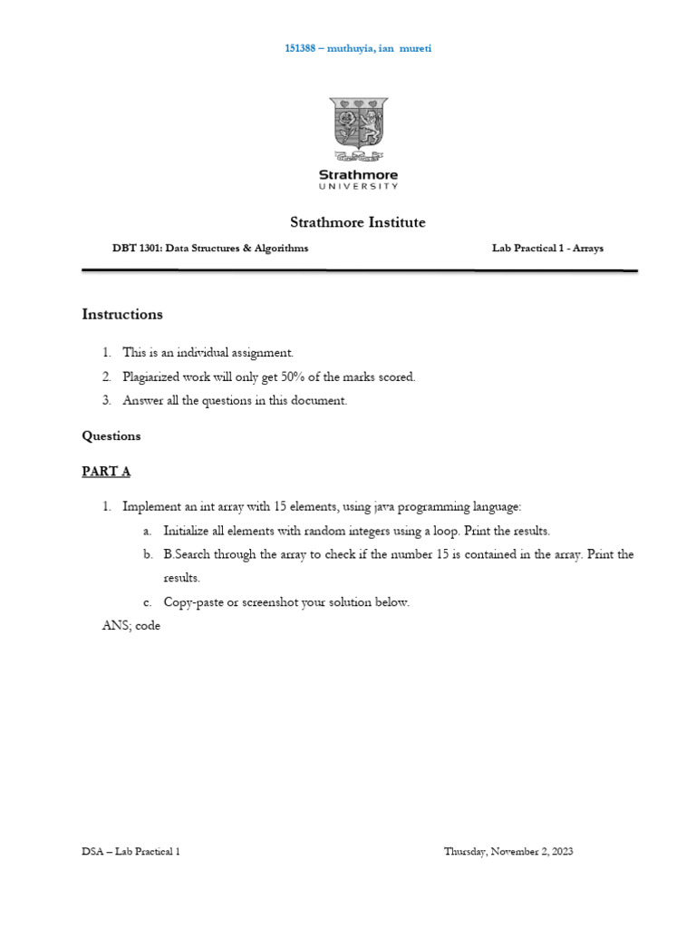 DSA - Lab Practical 1 - Arrays Lists EC Muthuyia Ian Mureti | PDF | Programming Language ...