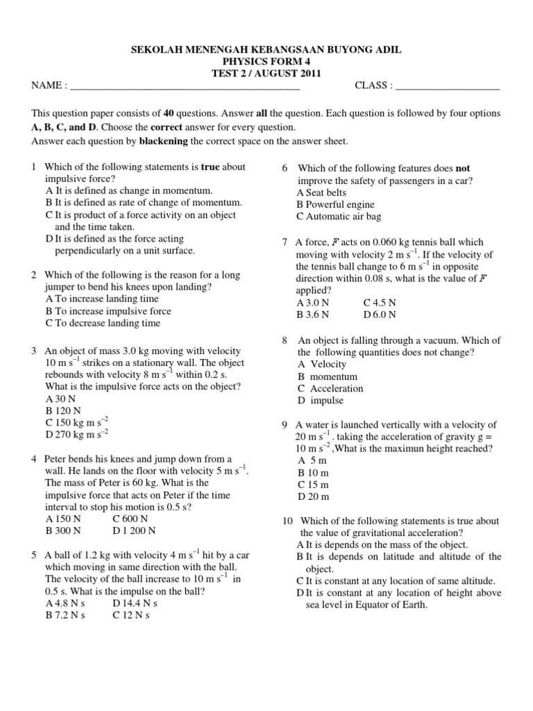 Physics Form 4 Test on Forces and Motion | PDF | Mass | Acceleration