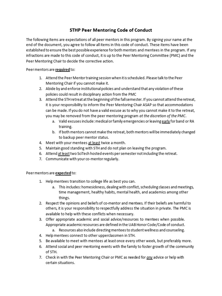Peer Mentor Code of Conduct 2024-2025 | PDF
