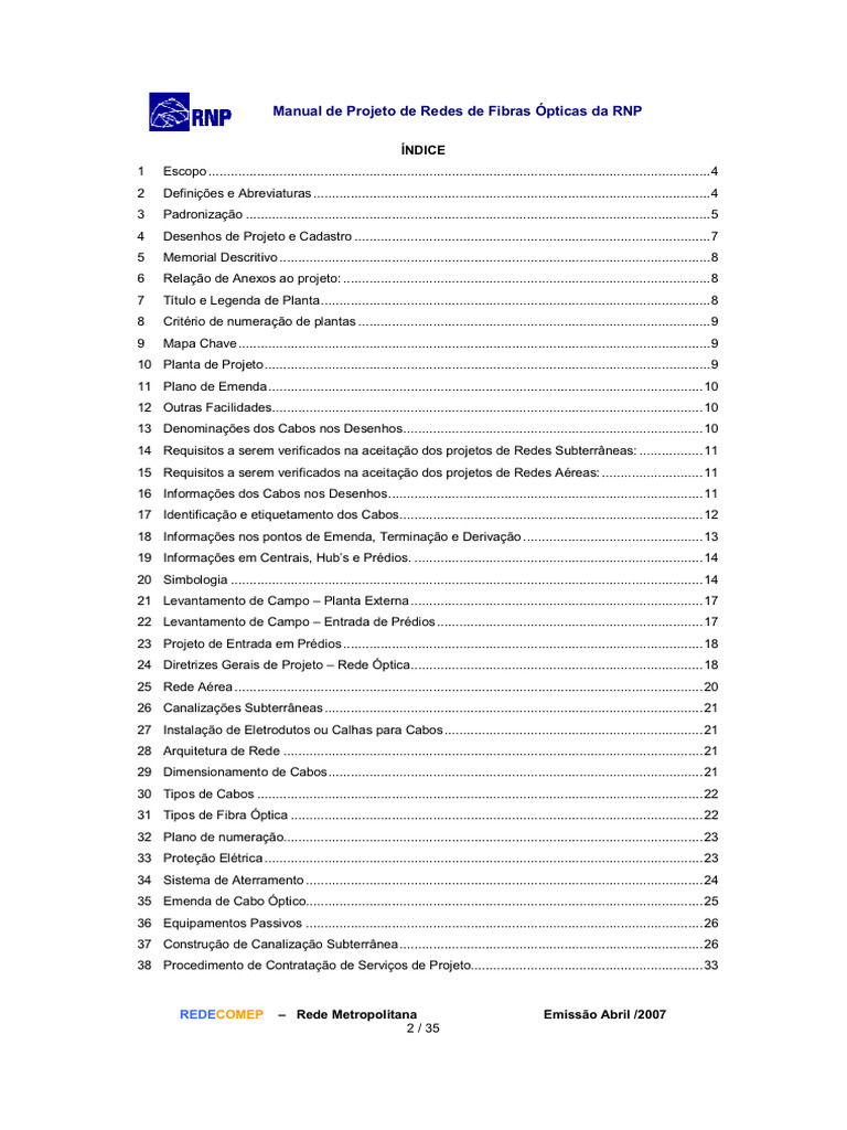 Manual de Projeto de Redes de Fibras Ópticas Da RNP: Índice | PDF