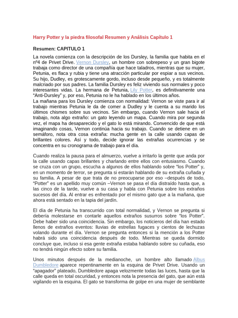 Harry Potter y la piedra filosofal Resumen | PDF