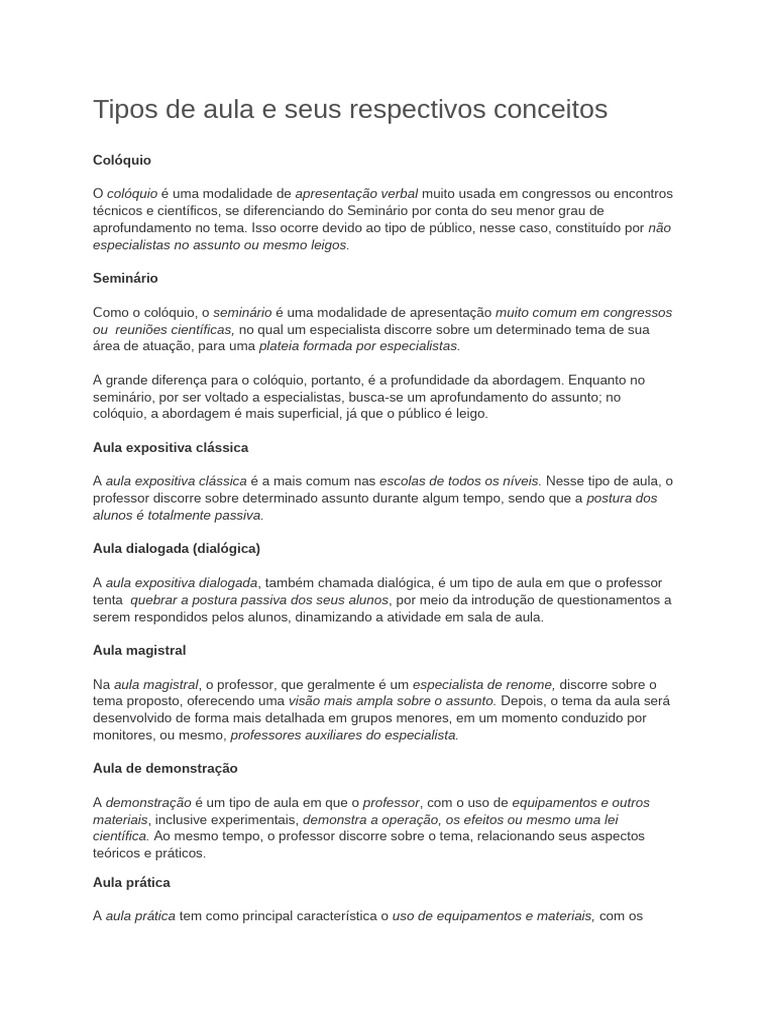 Tipos de Aula e Seus Respectivos Conceitos Funcoes Didaticas | PDF