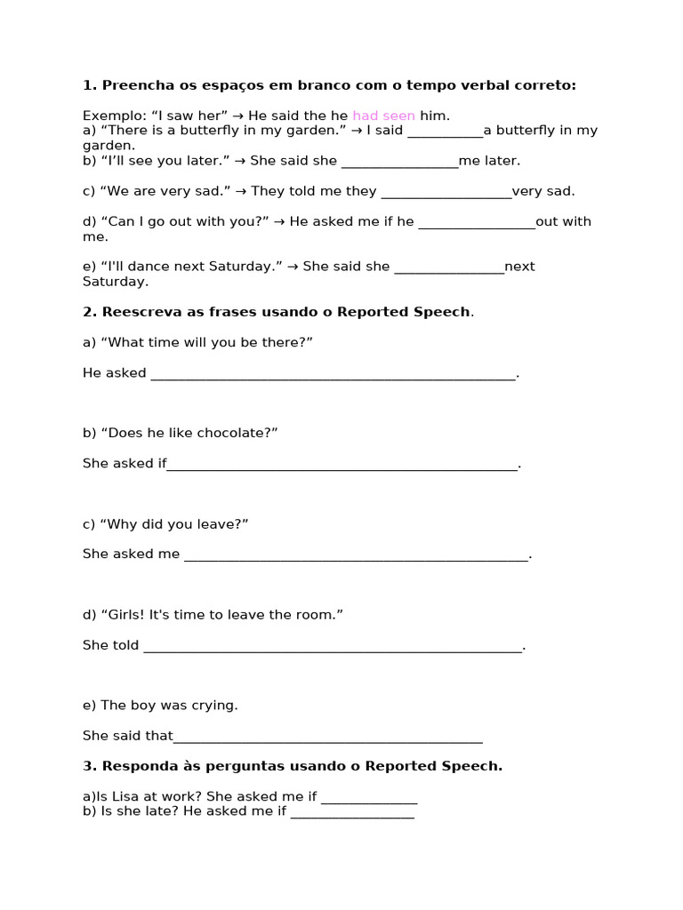 Exercicio de Reported Speech | PDF