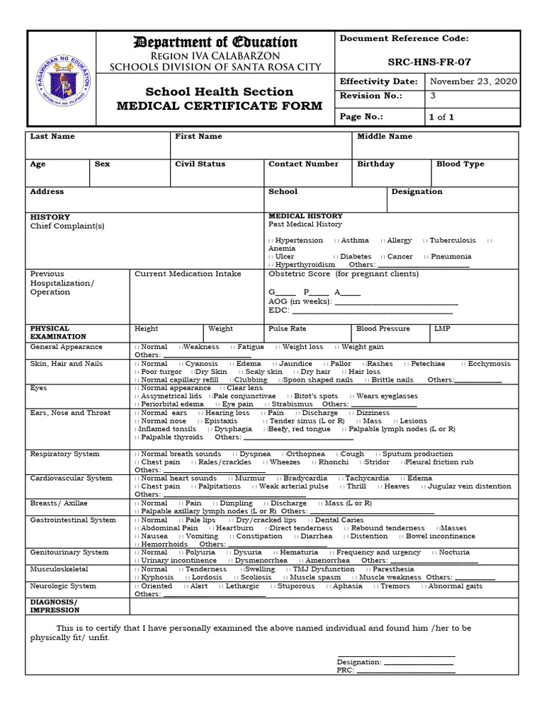07 Medical Certificate Form 2 | PDF