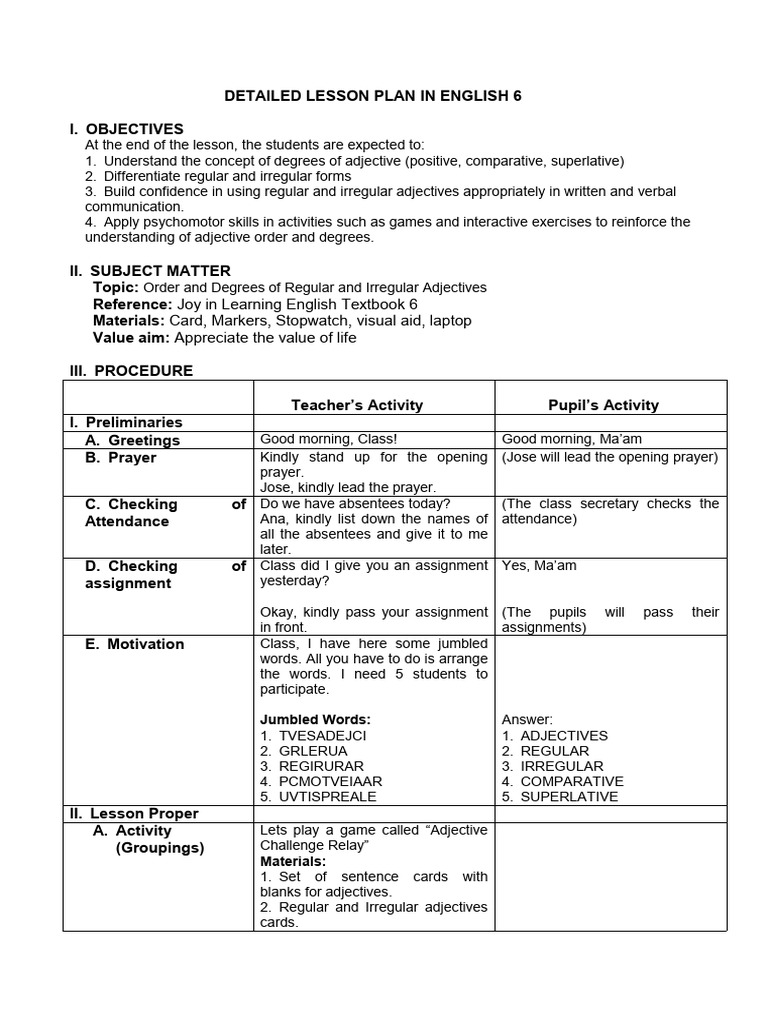 DETAILED LESSON PLAN IN English Grade 6 | PDF