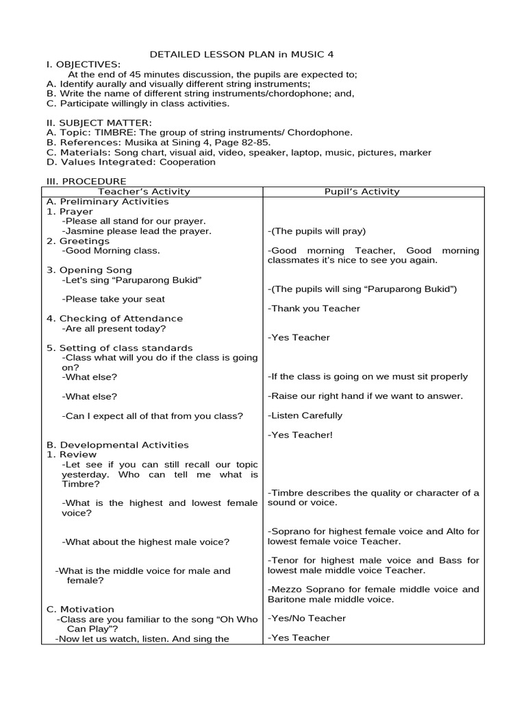 Detailed Lesson Plan in Music Grade 4 | PDF