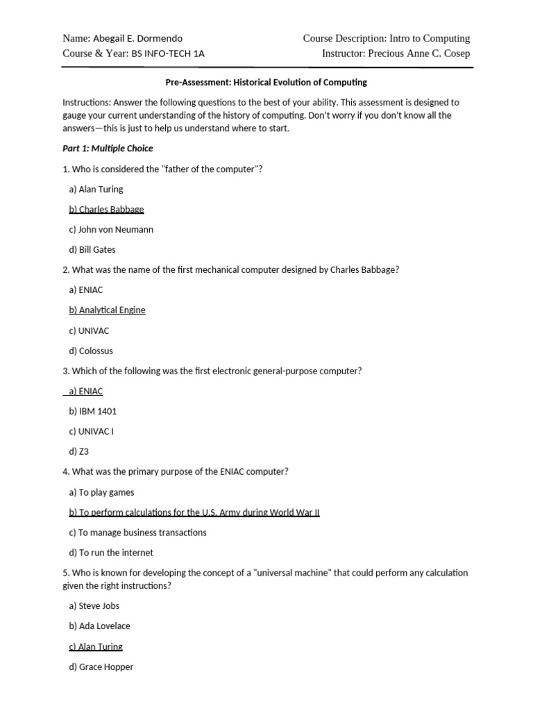 Intro To Computing Pre Assessment 1 | PDF