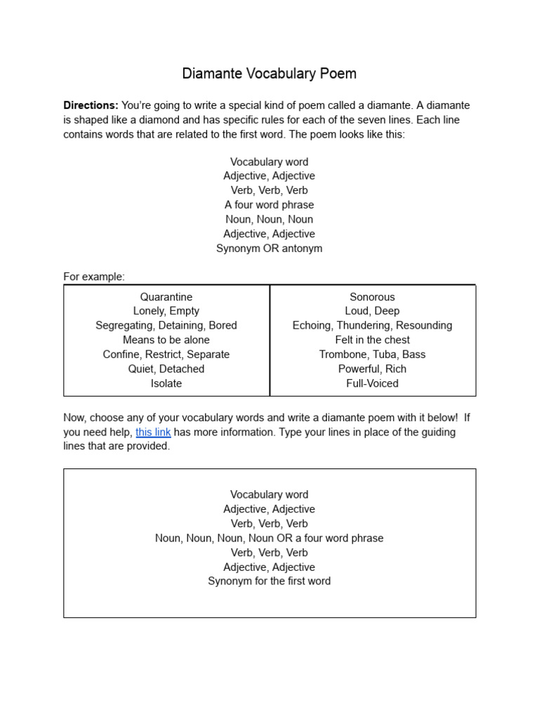 Diamante vocabulary poem worksheet | PDF