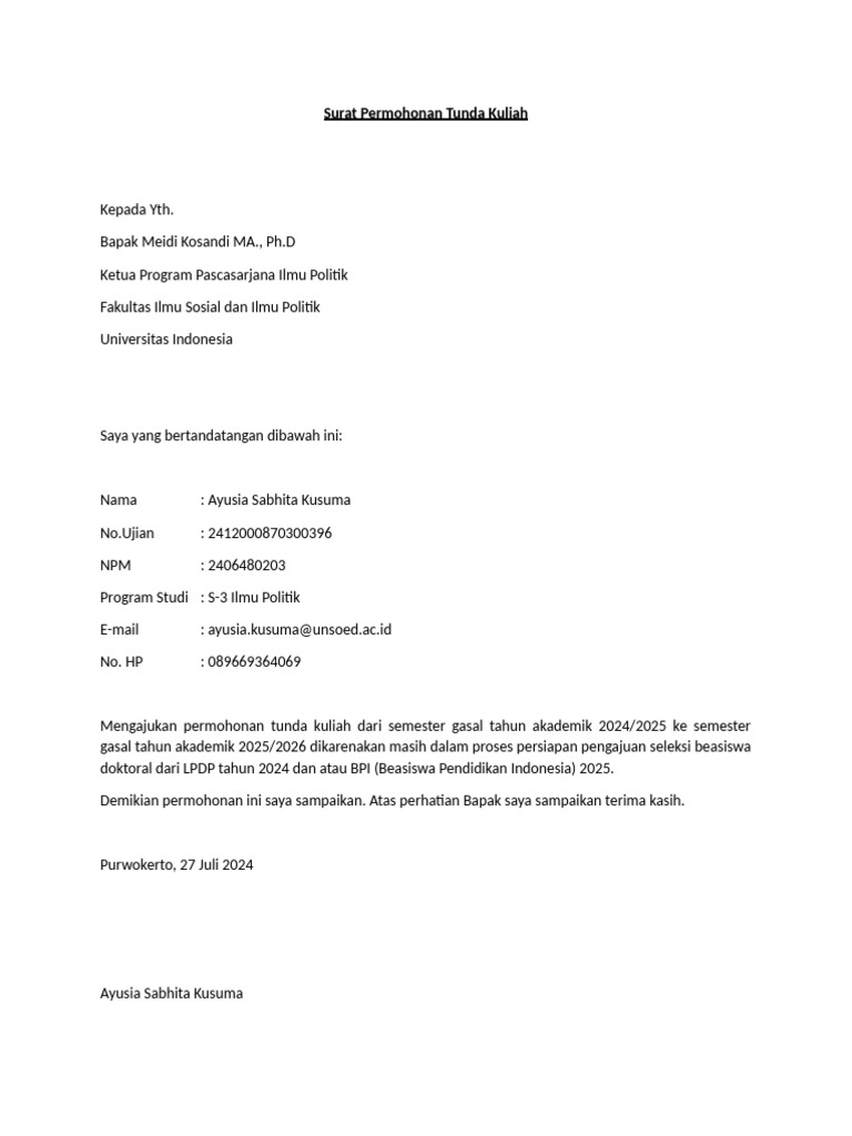 Surat Permohonan Tunda Kuliah | PDF