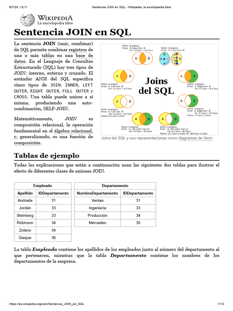 Sentencia JOIN en SQL - Wikipedia, La Enciclopedia Libre | PDF Sentencia JOIN en SQL - Wikipedia, La Enciclopedia Libre | PDF