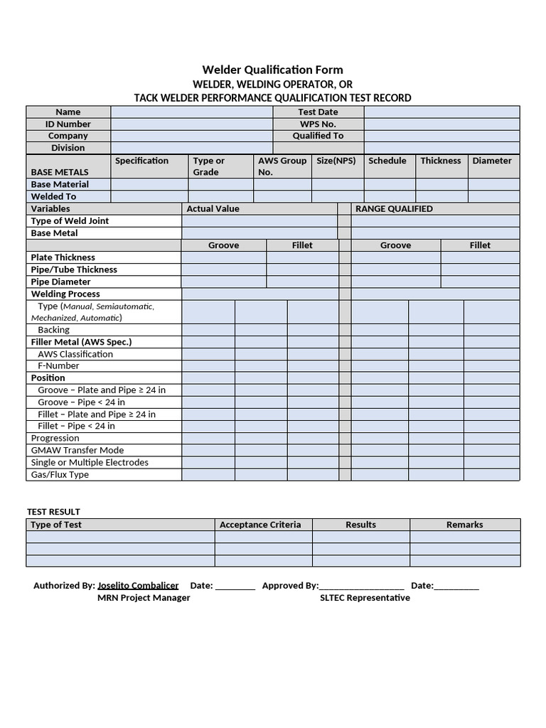 Welder Qualification Form 2 - AWS Format | PDF