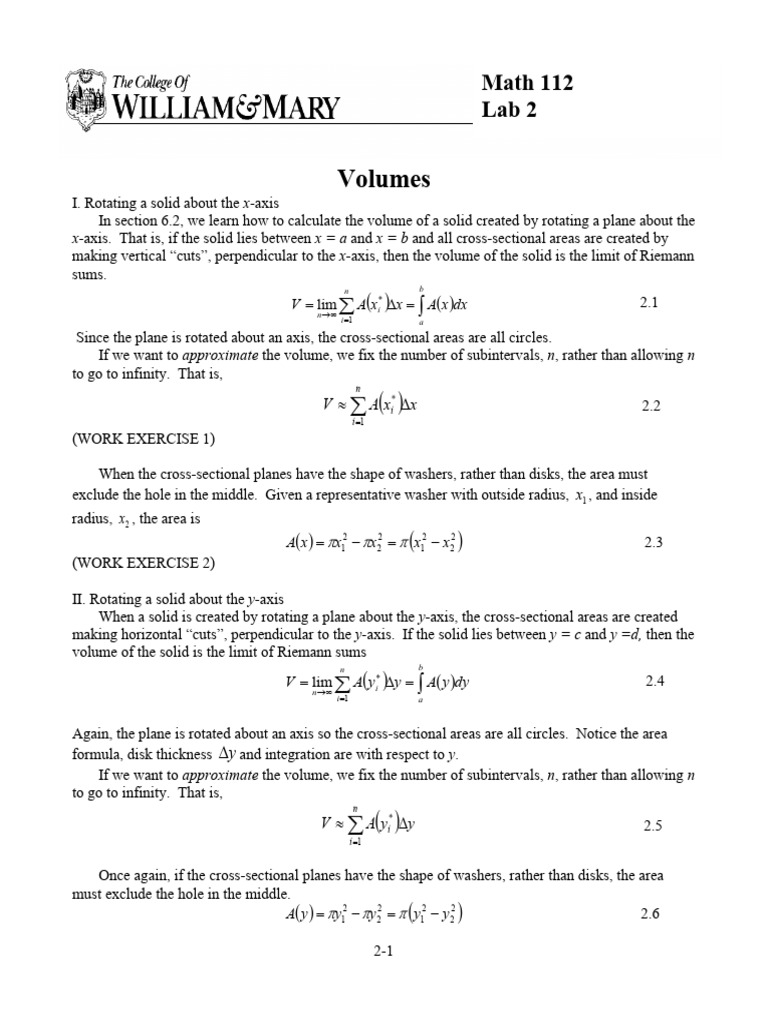 Math 112 f24 Lab 2 Volumes | PDF