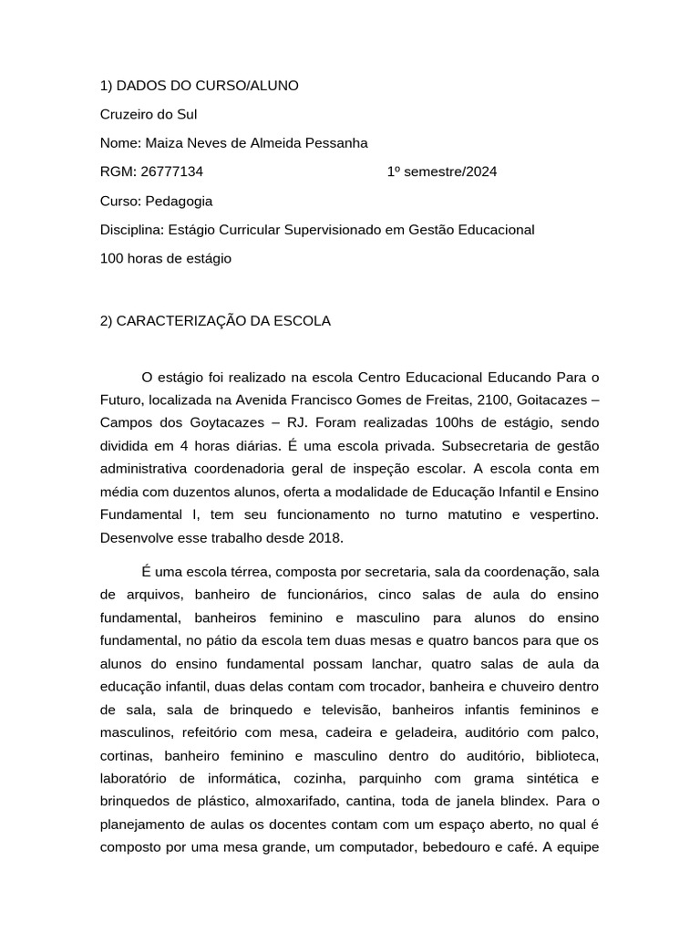 RELATÃ_RIO ESTÃ_GIO GESTÃ_O Maiza 2024 | PDF RELATÃ_RIO ESTÃ_GIO GESTÃ_O Maiza 2024 | PDF