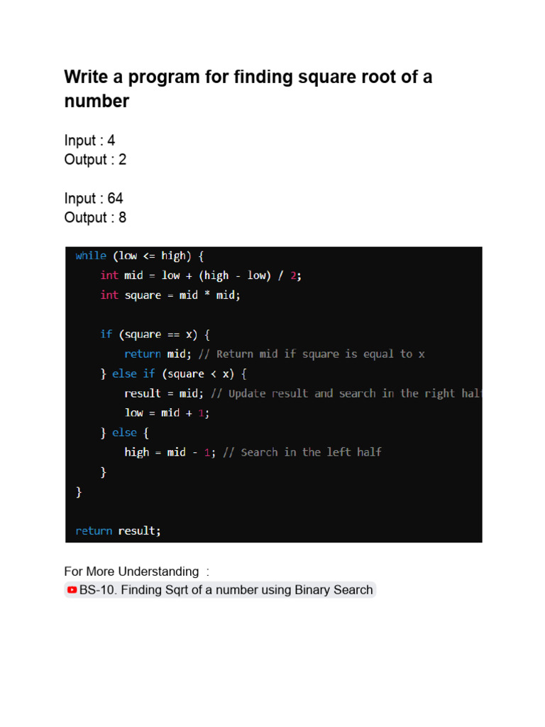 Write A Program For Finding Square Root of A Number: Input: 4 Output: 2 Input: 64 Output: 8 | PDF