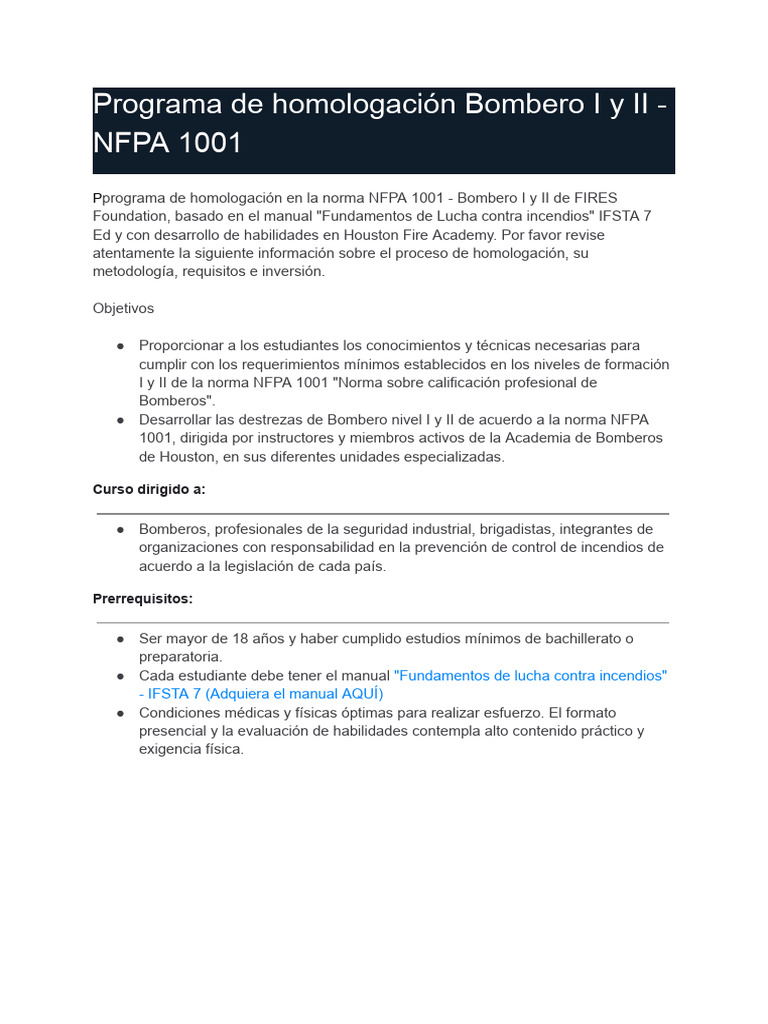 Programa de Homologación Bombero I y II - NFPA 1001 | PDF | Bombero ...