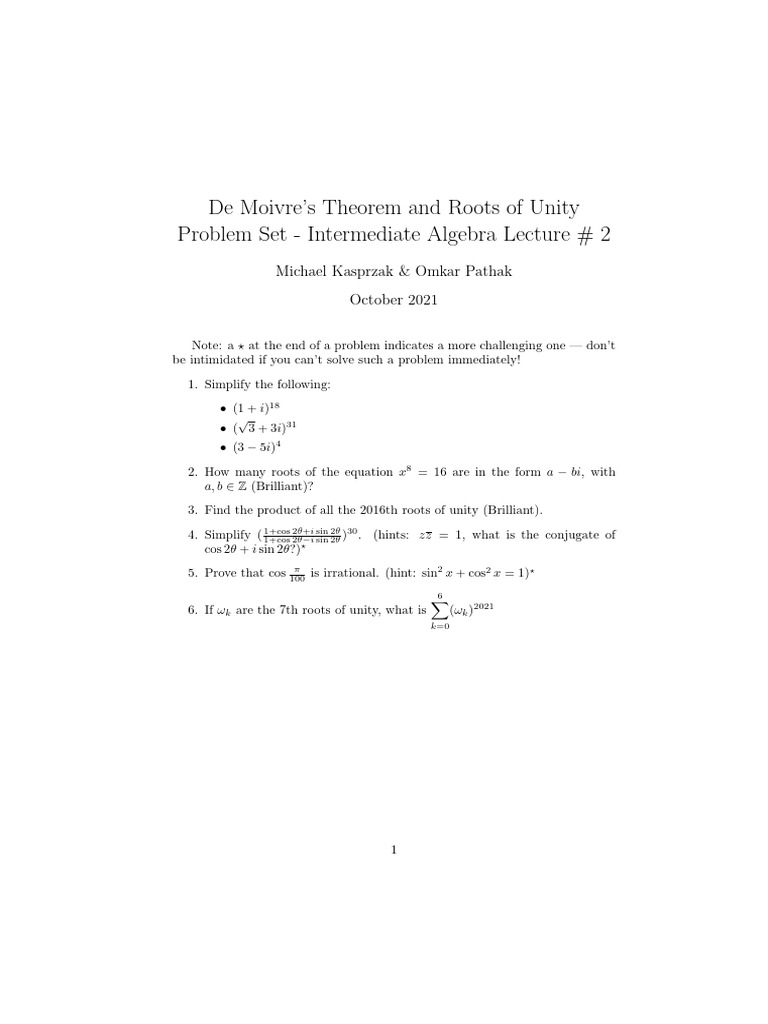 De Moivre’s Theorem Problem Set | PDF