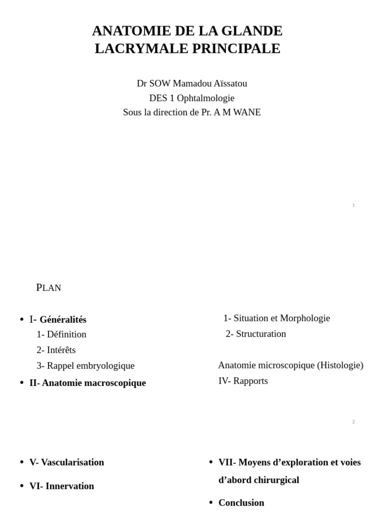 ANATOMIE DE LA GLANDE LACRYMALE PRINCIPALE. DR SOW | PDF