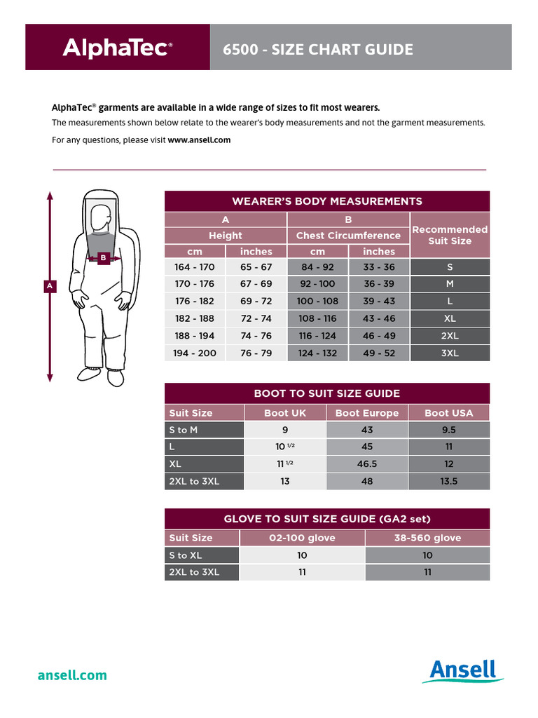AlphaTec 6500 Size Chart Guide | PDF