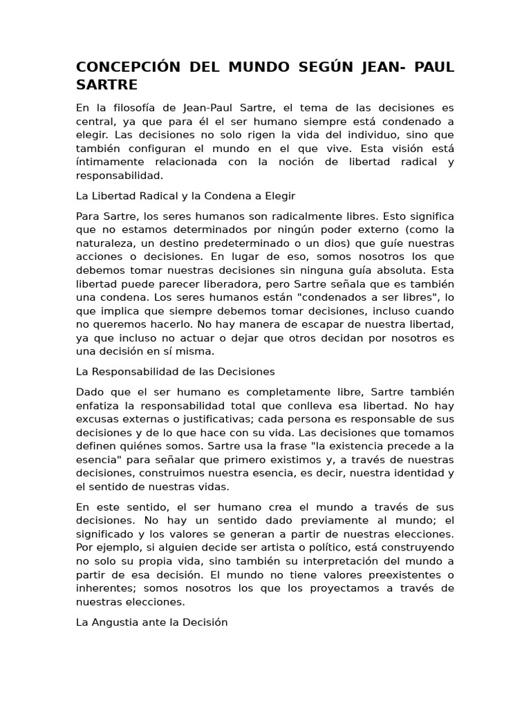 Concepción Del Mundo Según Sartre | PDF | Libertad | Jean Paul Sartre