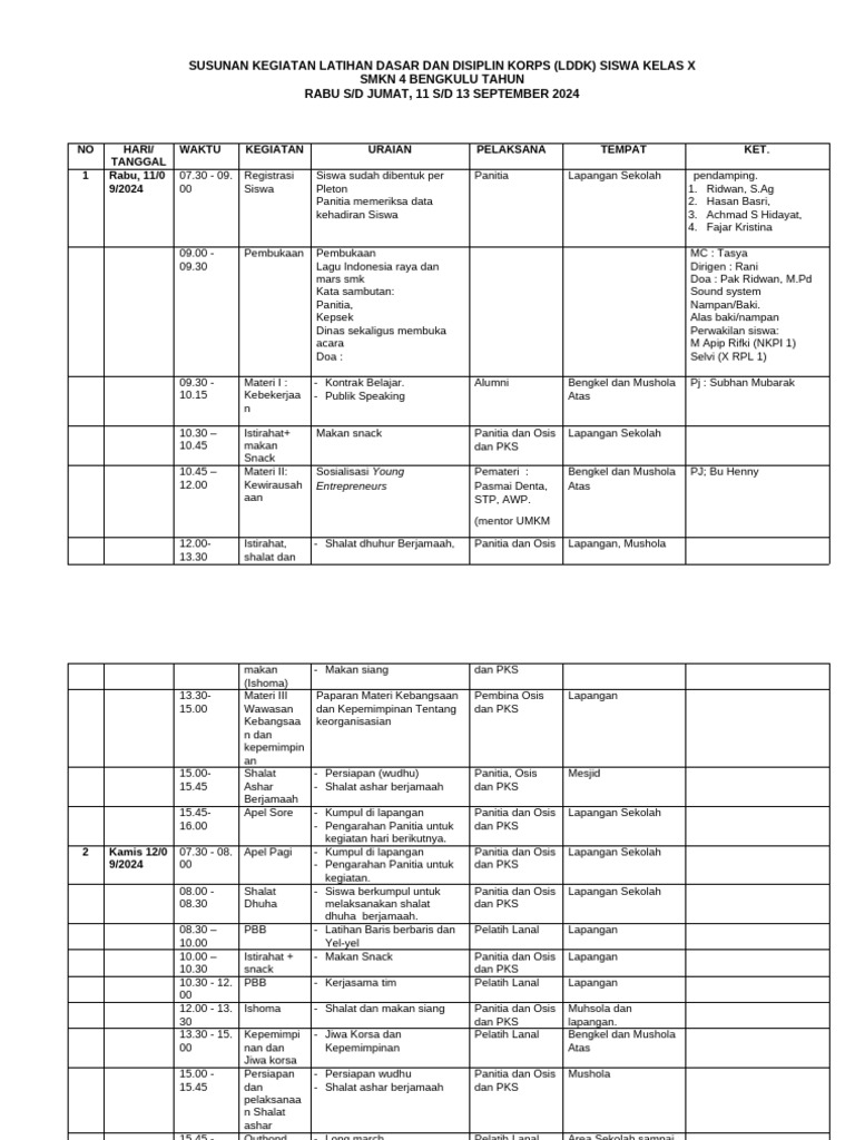 Jadwal Kegiatan LDDK SMKN 4 Bengkulu 2024 Cetak | PDF