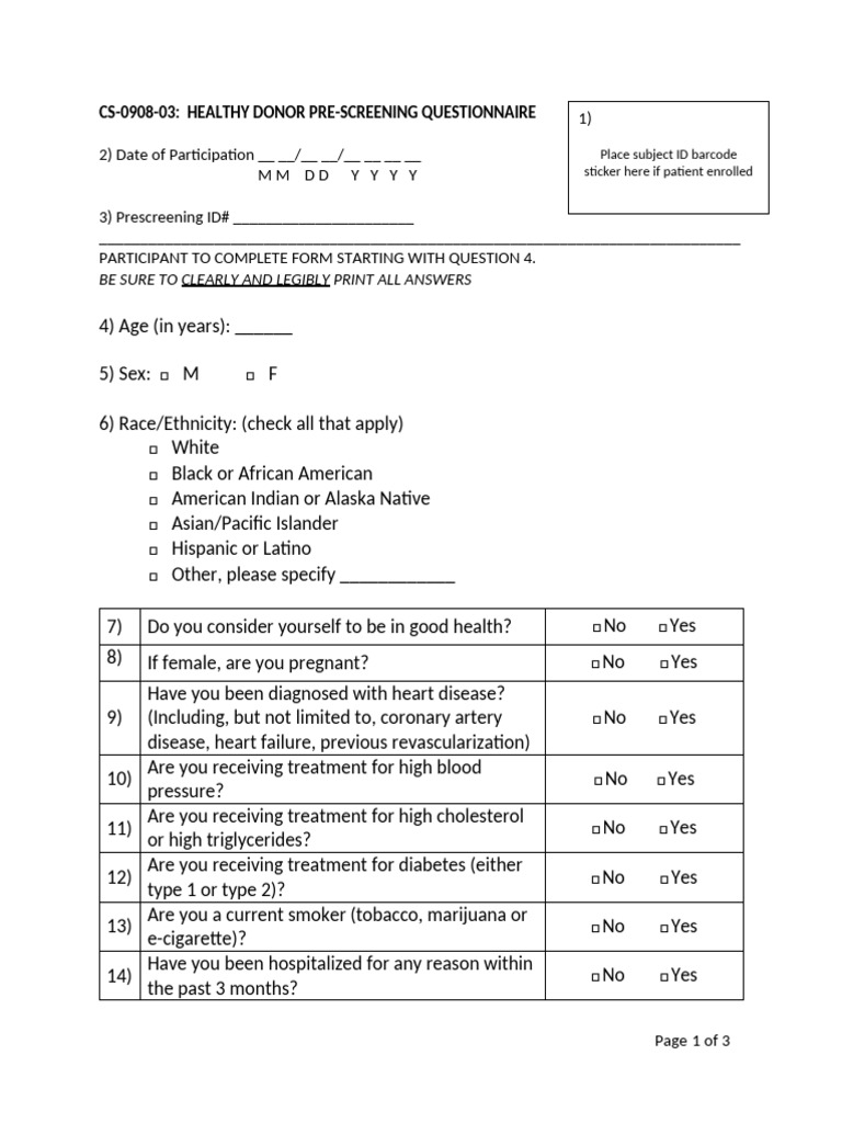 Health Pre-Screening Questionnaire | PDF