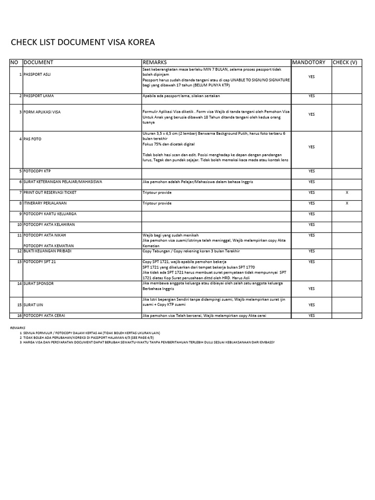 Check List Visa Korea | PDF | Government And Personhood