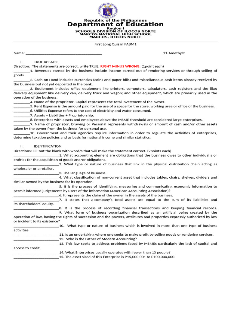 First Long Quiz-FABM1 | PDF