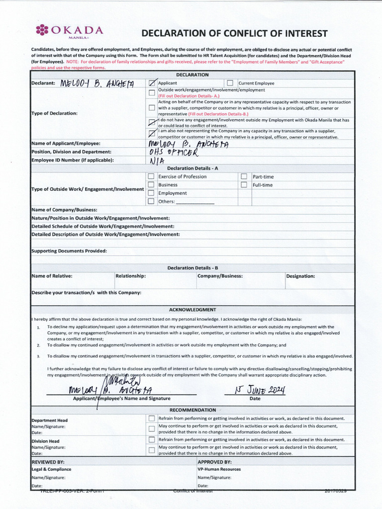 Declaration of Conflict of Interest | PDF