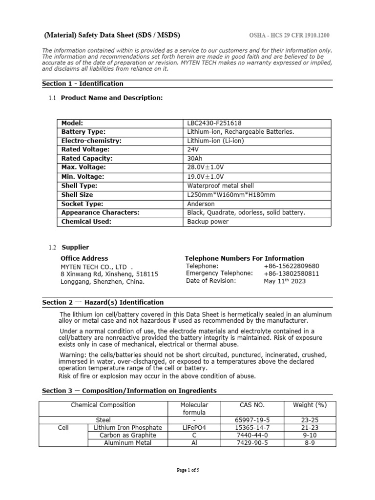 Myten Msds-Li-Ion LBC2430-F251618 | PDF