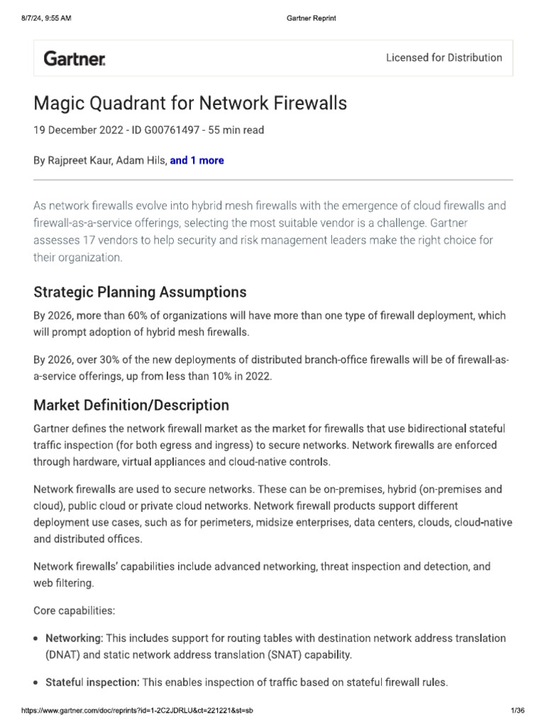 Gartner Reprint Magic Quadrant for Network Firewalls | PDF