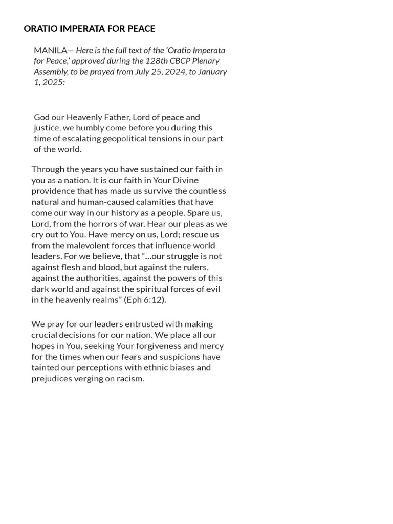ORATIO IMPERATA FOR PEACE | PDF