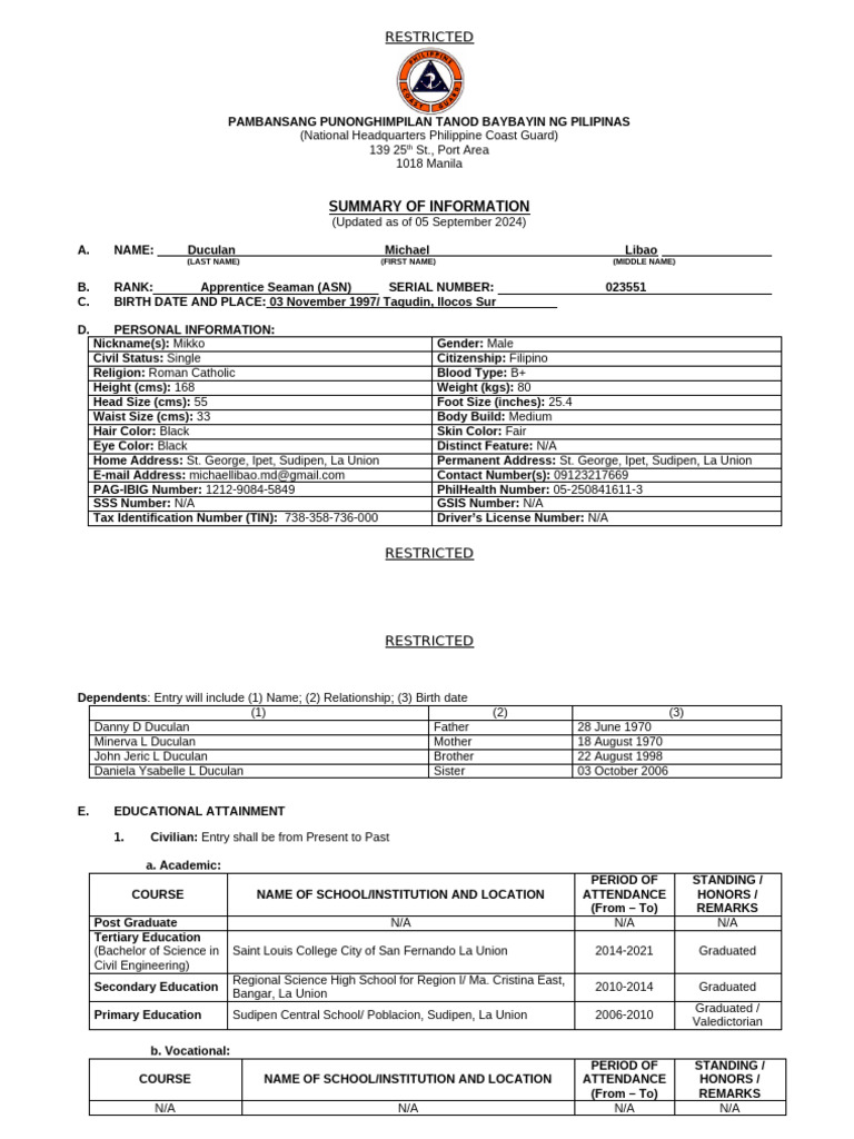 ASN Michael L Duculan 023551 PCG | PDF