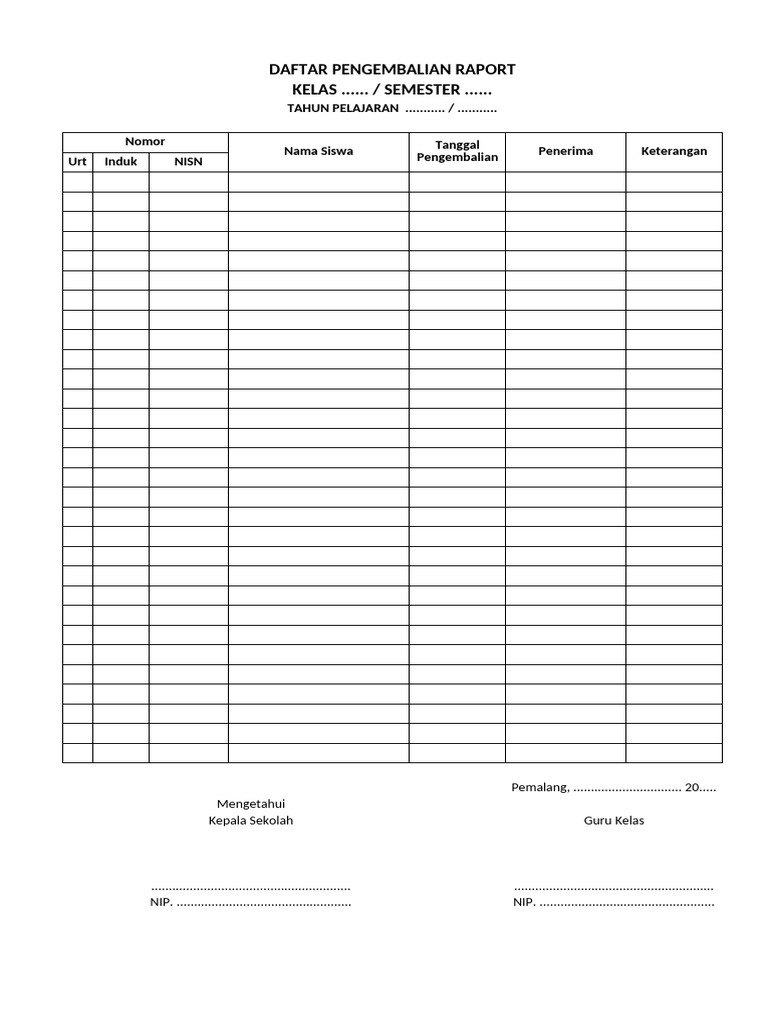 Daftar Penyerahan Dan Pengembalian Raport | PDF