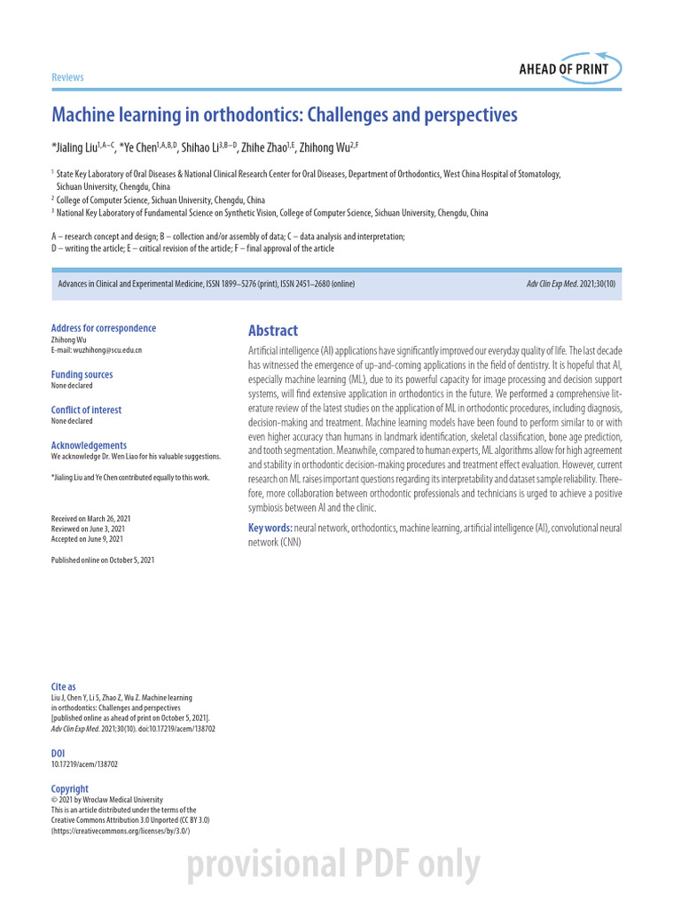 Machine Learning in Orthodontics Challenges and Pe | PDF
