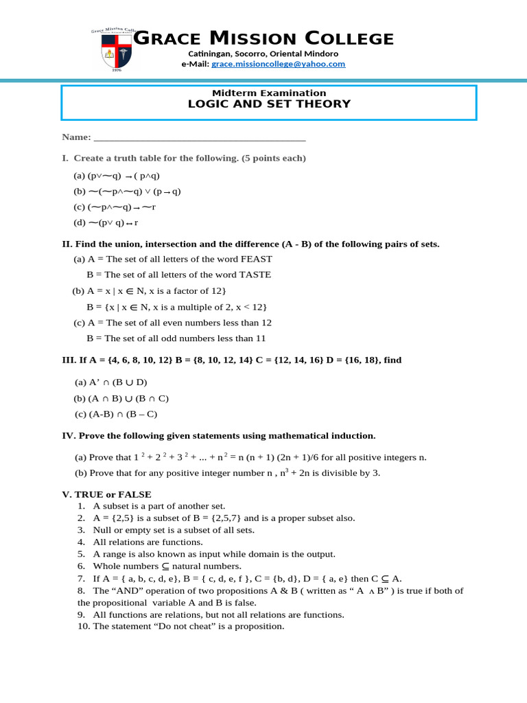 mIDTERM EXAM LOGIC AND SET THEROY | PDF mIDTERM EXAM LOGIC AND SET THEROY | PDF