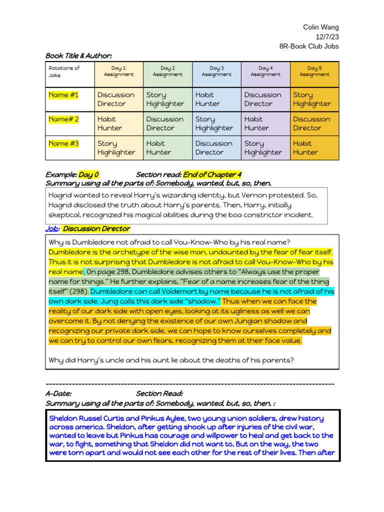 Colin's 8R - Book Club Jobs Work & Job Rotation Sheet | PDF